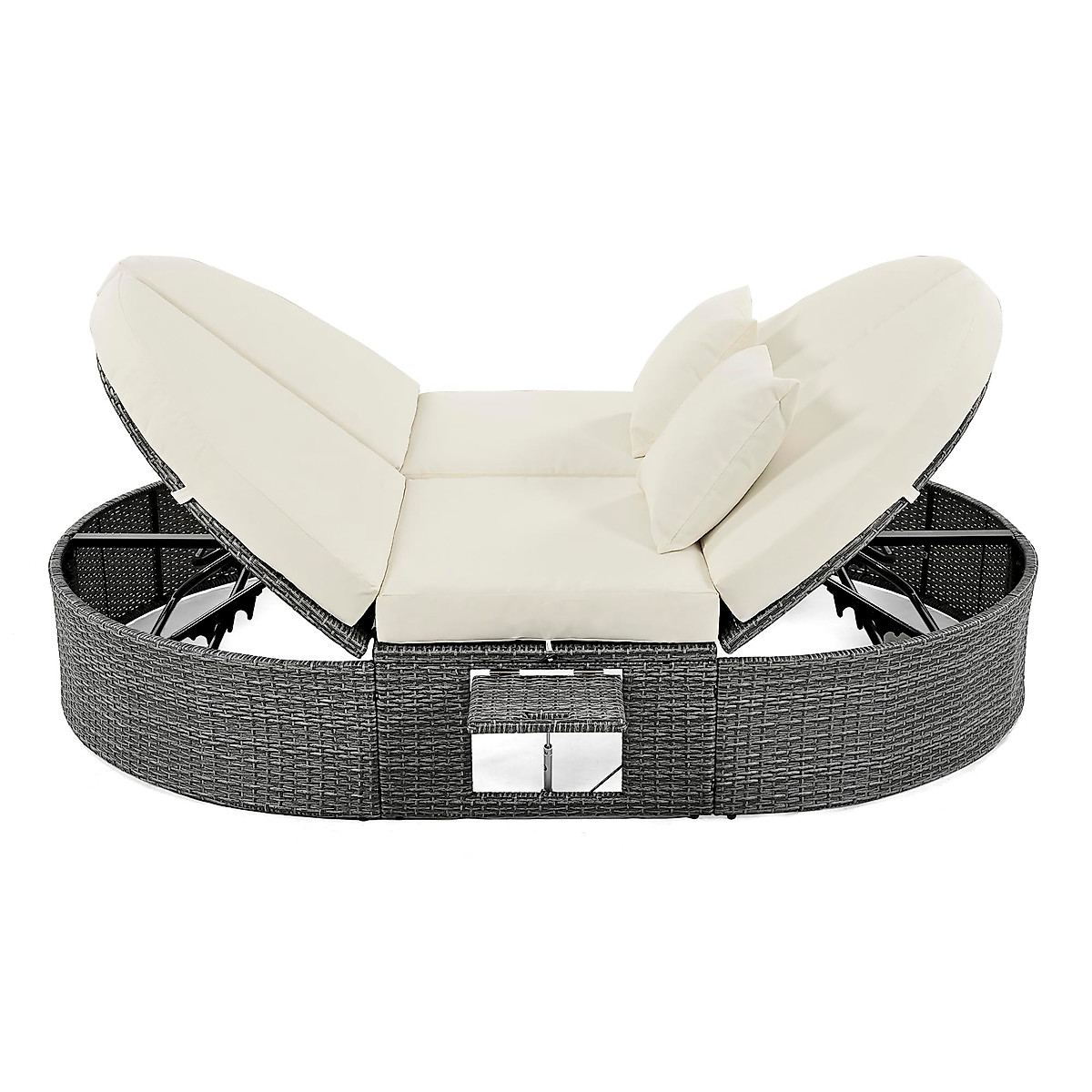 Bellemave Outdoor Sun Bed Patio 2-Person Daybed with Cushions and Pillows, Rattan Garden Reclining Chaise Lounge with Adjustable Backrests and Foldable Cup Trays for Lawn,Poolside（Beige）