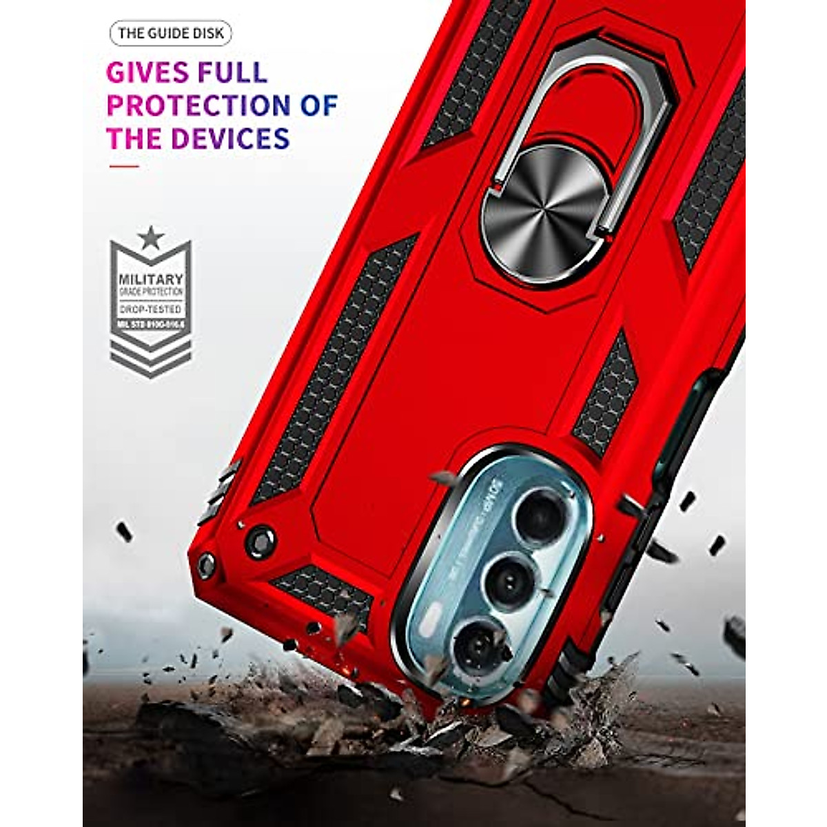 SunRemex Moto G 5G 2022 Case: Tempered Glass Screen Protector, Magnetic Ring Holder Kickstand, Military Grade - Red