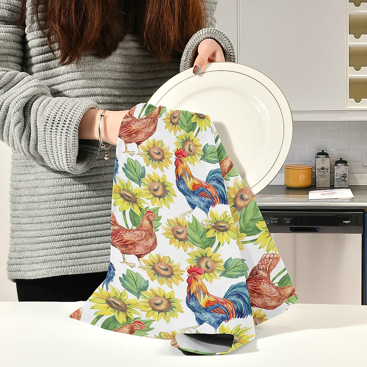 ALAZA Yellow Sunflower Rooster Watercolor Kitchen Towels Dish Bar Tea Towel Dishcloths 1 Pack Super Absorbent Soft 18 x 28 inches