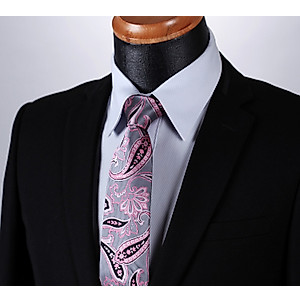 HISDERN Paisley Tie for Men Classic Extra Long Pink Ties and Pocket Square Formal Necktie with Handkerchief for Big and Tall Men Wedding