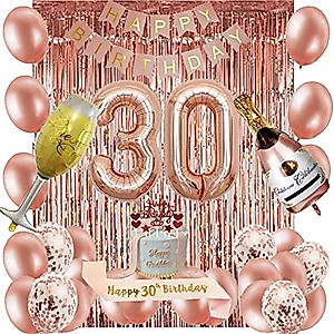 30th Birthday Decorations for Women - Rose Gold 30 Birthday Decor for Her，Happy Bday Banner Kits, Rosegold Balloons, Cake Topper, Foil Balloons and Sash for Girls Women Thirty Birthday Party Supplies