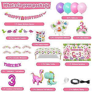 KOTLMIGHT Dinosaur Birthday Party Supplies for 3 Year Old Girl, Three Rex Pink Dinosaur Dino Party Decorations for Girls Baby - Backdrop, Banner, Toppers, Cupcakes Wrappers, Balloons and Tablecloth