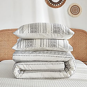 MOVE OVER Gray Jacquard Comforter Set Boho Comforter Set Queen 300TC 100% Yarn Dyed Cotton Bohemian Paisley Flower Design Boho Textured Stripes Jacquard Tufted Comforter Set