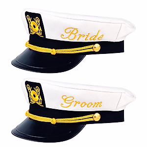 Bride & Groom Captain's Hats - Nautical Bachelor Bachelorette Party Hat | Fun Bridal Shower Accessory Accessories Women Gifts Decorations Decor Wedding Ideas Boating White Boat Cap Favors Gift Mrs