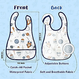 R HORSE 5Pcs Baby Bibs Set Toddler Bibs with Crumb Catcher Pocket & Snap Button Adjustable Outer Space Pattern Waterproof Baby Feeding Bibs for Baby Boys Girls 6-24 Months
