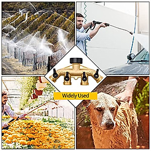 4 Way Hose Splitter, 2 Pack Heavy Duty Brass Garden Hose Splitter, for 3/4" Hose Connector, Hose Spigot Adapter 4 Valves, Brass Garden Hose Manifold with 12 Rubber Washers & 4 Tapes (2 pack 4 way)
