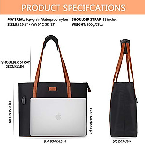 Laptop Tote Bag for Women Teacher Work Office USB Bags Fits 15.6 inches Laptop Lightweight Water Resistant Nylon Tote Bag (Black and Brown Strap)