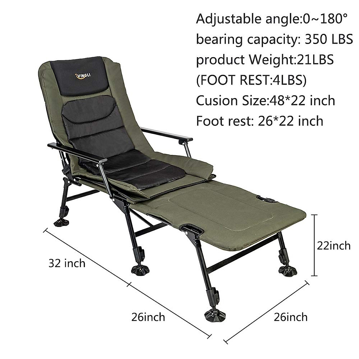 VINGLI Heavy Duty Fishing Chair with Footrest Support 440 LBS, Oversized Camping Chairs with 160° Adjustable High Back, Beach Chair for Outdoors/Yard/Forest