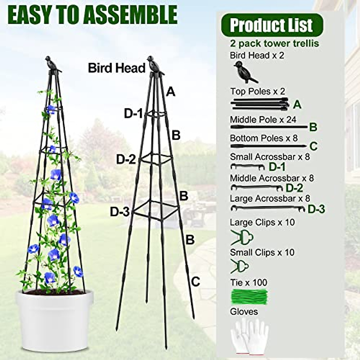 MYard 2 Pack Garden Obelisk Trellis for Climbing Plants Outdoor, 6.5FT Tall Rustproof Metal Plant Support Trellis, Garden Tower Trellis for Potted Plants Flowers Vines Vegetable Indoor Outdoor