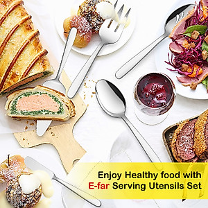 Heavy Duty Serving Utensils, E-far 5-Piece Stainless Steel Serving Spoons, Slotted Serving Spoon, Serving Fork, Butter Spreader, Pie Server for Party Buffet Catering, Mirror Finish & Dishwasher Safe