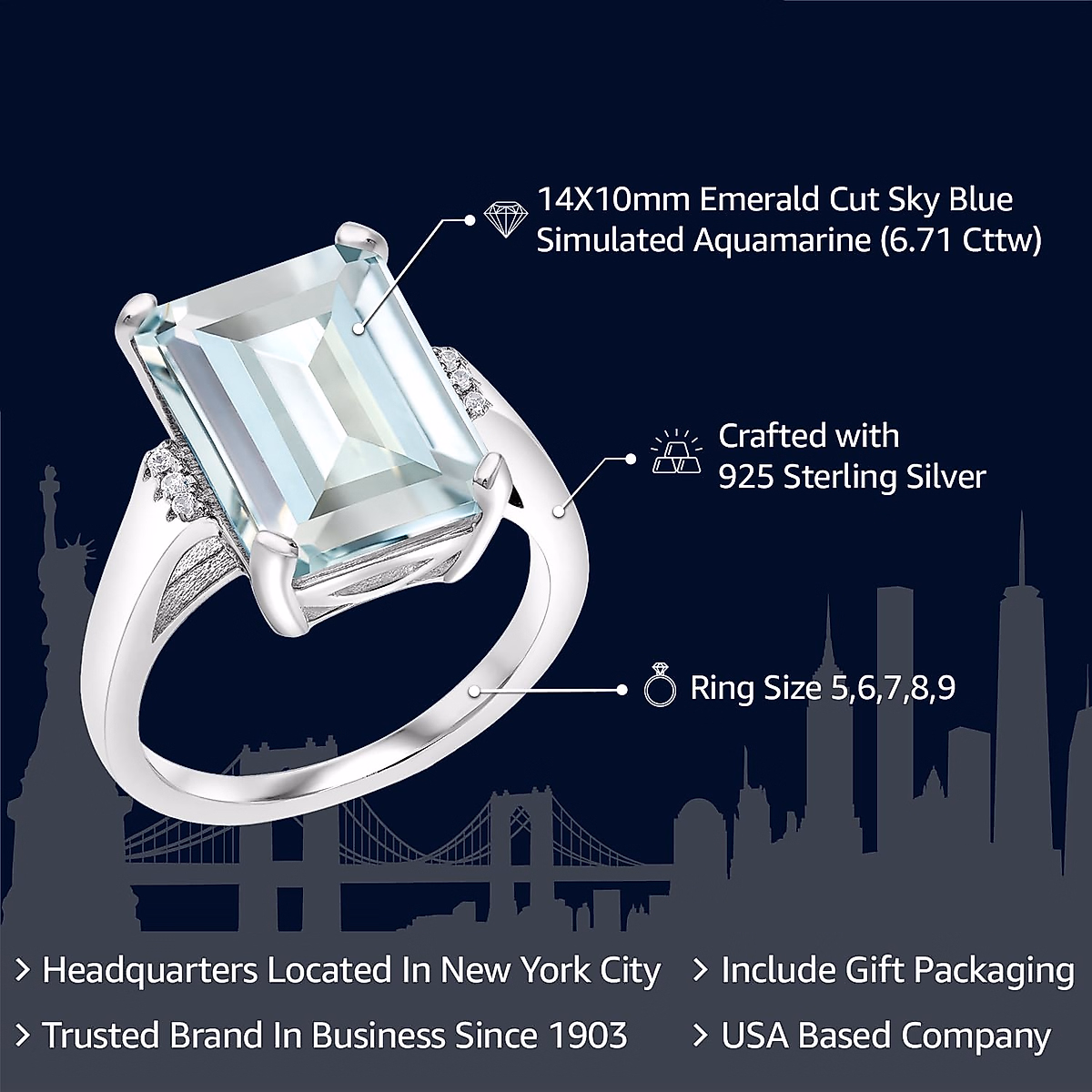 Gem Stone King 6.71 Cttw Sky Blue Simulated Aquamarine Engagement Ring For Women In 925 Sterling Silver | Emerald Cut 14X10MM | Available In Size 5, 6, 7, 8, 9