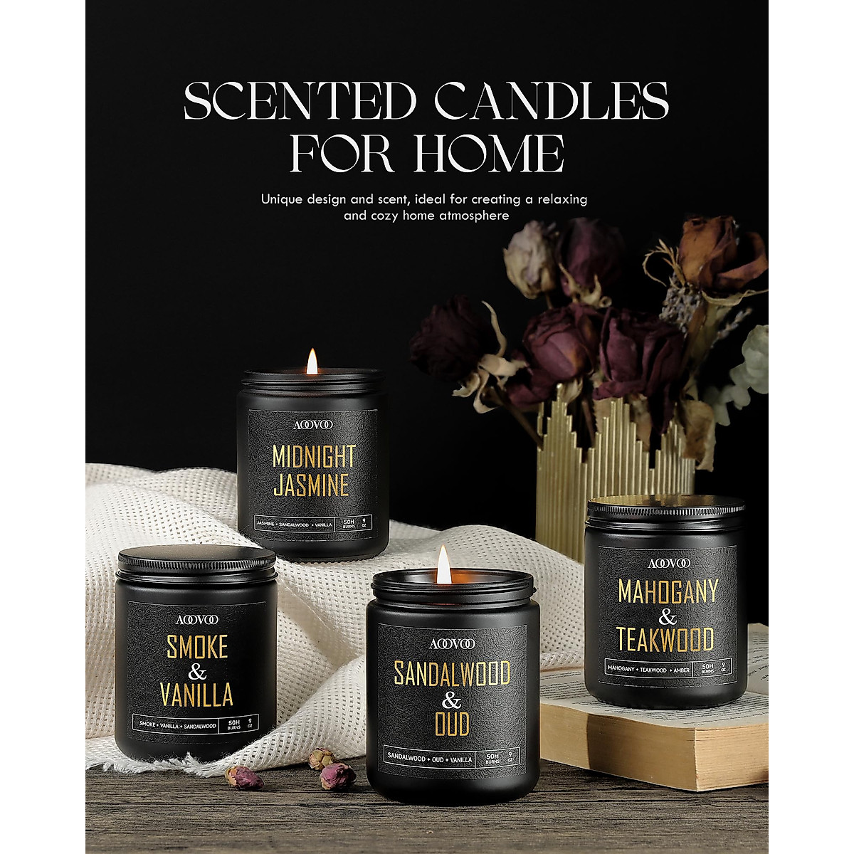 AOOVOO Scented Candles for Men - Candles for Home Scented, Soy Candles, Scented Candles Set, Men Candle Set, Sandalwood Oud/Mahogany Teakwood/Smoke Vanilla/Jasmine Candles Set A
