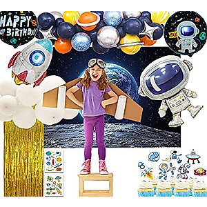 Outer Space Theme Birthday Party Decorations Happy Birthday Banner Balloons Tattoo Stickers Cake Toppers For Birthday Party, Boys Party, Astronaut Party Supplies