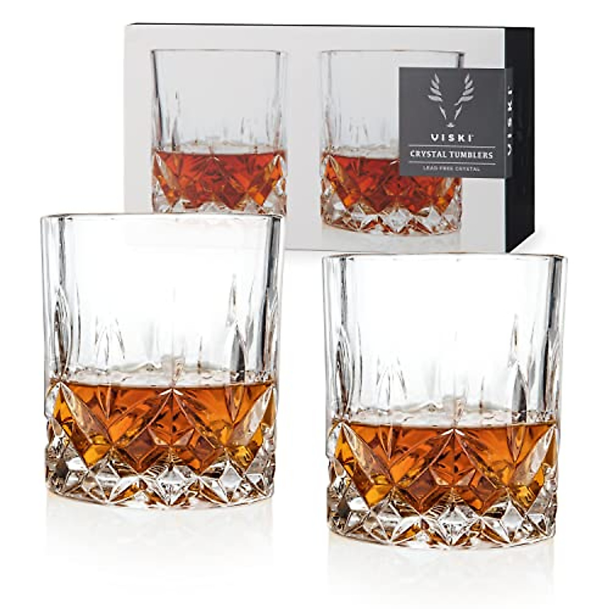 Viski Admiral Crystal Whiskey Tumbler Set of 2 - Premium Crystal Clear Liquor Drinking Glass, Classic Lowball Cocktail Glasses Gift Set, 9 Oz