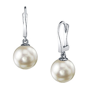 THE PEARL SOURCE 14K Gold 8-9mm Round Genuine White Freshwater Cultured Pearl Classic Elegance Earrings for Women