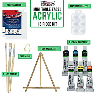 U.S. Art Supply 13-Piece Artist Painting Set with 6 Vivid Acrylic Paint Colors, 12" Easel, 2 Canvas Panels, 3 Brushes, Painting Palette - Fun Children, Kids School, Students, Beginners Starter Art Kit