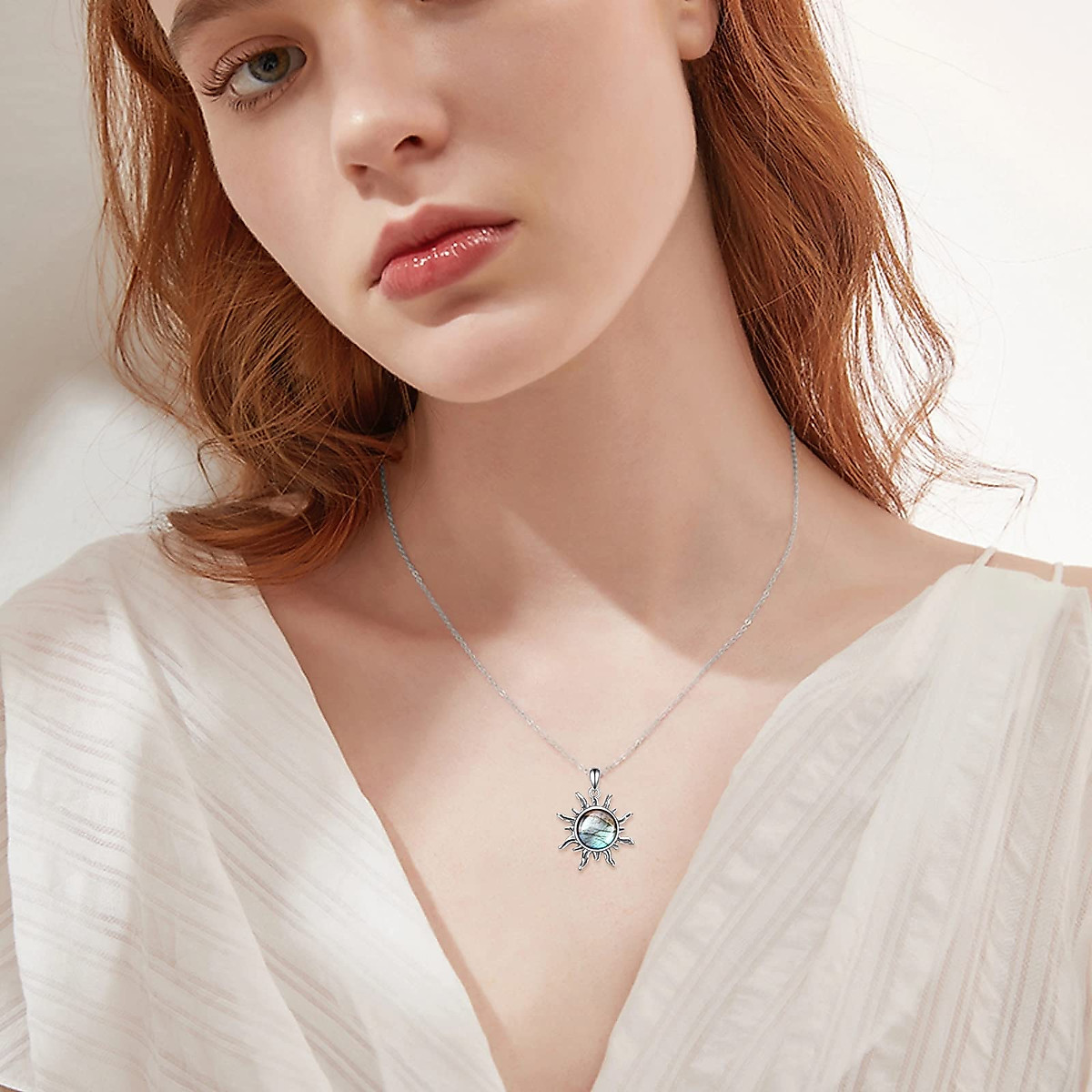 NIFUNAO Sun Necklace for Women 925 Sterling Silver Sun Labradorite Necklace Cabochon Gemstone Necklace Sun Jewelry Gifts for Women
