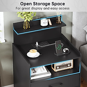 Night Stand, Nightstand with Charging Station, LED Bedside Table with Drawers and Storage Shelf, Modern Wood End Table Side Table for Bedroom, Black