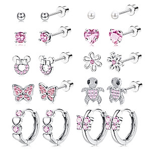 Thunaraz 10 Pairs Hypoallergenic Screwback Earrings for Women 316L Stainless Steel CZ Heart Hoop Earrings Cute Flower Butterfly Screw Back Stud Earrings Set 20G