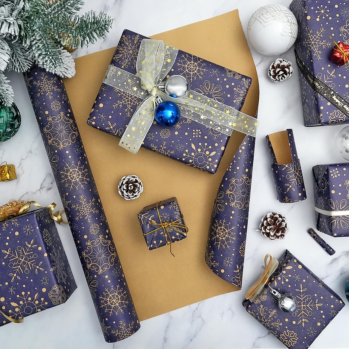 MAMUNU Christmas Wrapping Paper Roll, Navy Blue and Brown Kraft Gift Wrapping Paper Jumbo Roll, Snowflake Recycle Christmas Wrapping Paper for Gift Wrapping Arts Crafts Decorations, 17x590 Inch.