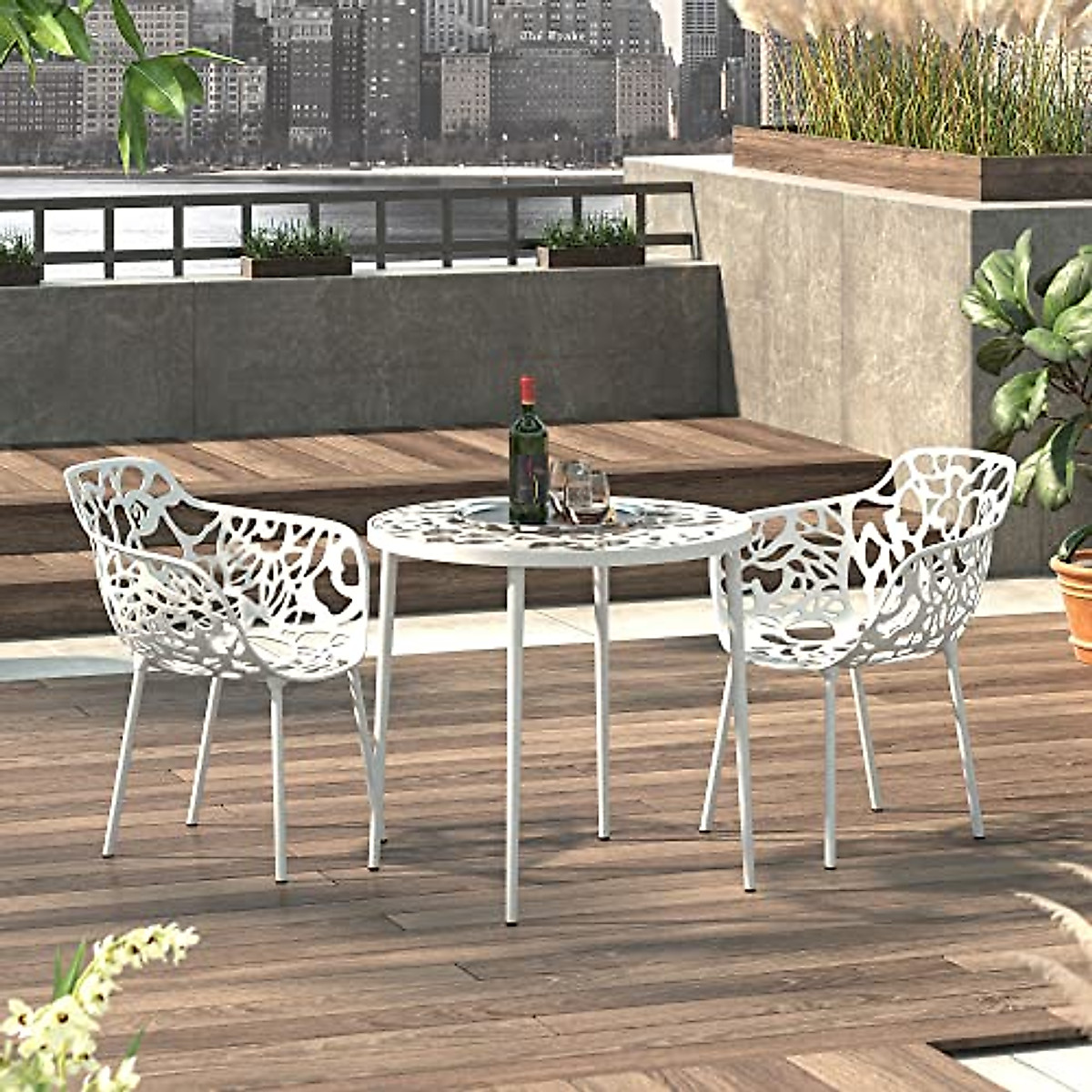 LeisureMod Devon Modern Aluminum Indoor-Outdoor Stackable Side Dining Arm Chair, Set of 2 (White)
