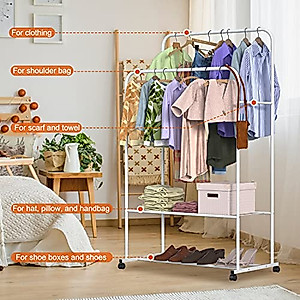iMounTEK Garment Racks, Garment Hanging Rack Clothing Hanging Rail Pillow Shoe Display Organizer Stand Rolling Wheel Wardrobe Clothing Racks Clothes Organizer Shelves for Hanging Clothes for Bedroom