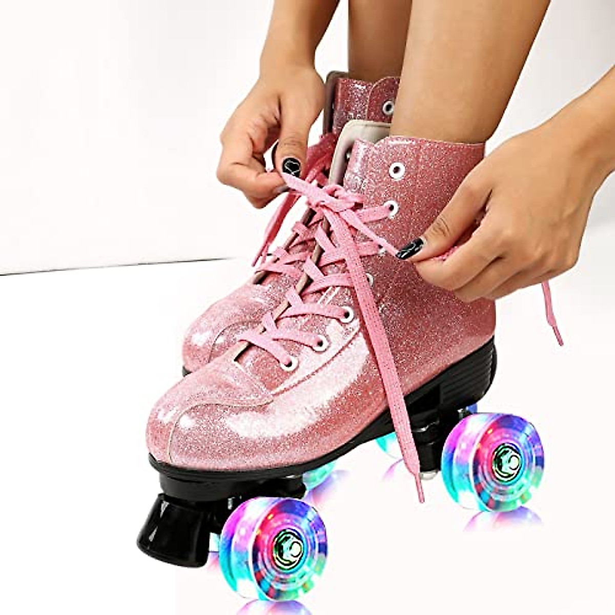 YYW Roller Skate for Women Men Light up Wheel - Double Roller Skater High-top PU Leather Roller Skate Shoes Adjustable PU Roller Skates with Four Piles for Adult Girls Beginners Pink