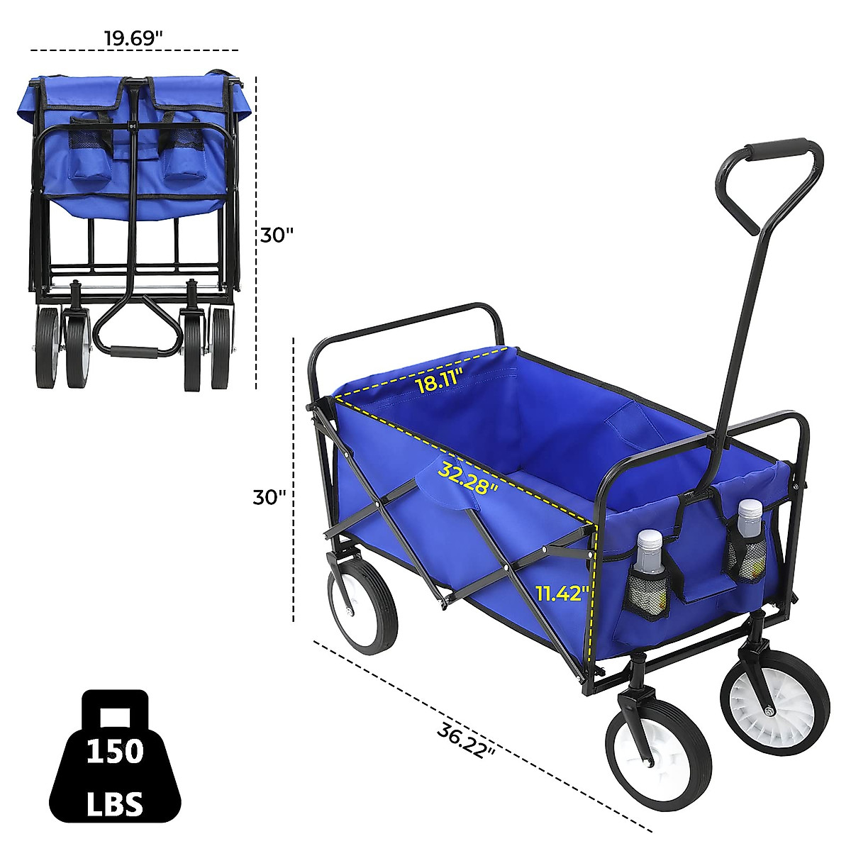 Arlopu Collapsible Folding Wagon Cart, Outdoor Park Utility Garden Wagon with 2 Cup Holders, Heavy Duty Portable Picnic Camping Cart for Shopping, Sport, Beach, Camping, Grocery, 150 LBS (Blue)