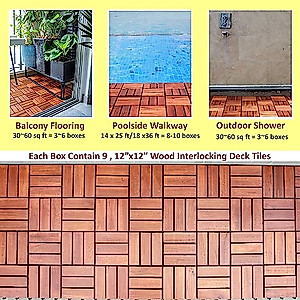 CLOVERHOLM Interlocking Deck Tiles 12x12 inches, 10PCS Waterproof Acacia Wood Patio Tiles, Easy Snap Flooring Tiles for Indoor and Outdoor,Balcony, Entry, Poolside Tiles (Tiles-Teak-P9)