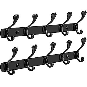 MOKANI Coat Rack Wall Mounted 2 Pack, Stainless Steel Wall Coat Hooks, Heavy Duty Metal Hook Rack Rail for Hanging Clothes Towel Coat Hat Key Robes Entryway Bathroom Kitchen (5 Hooks,Black)