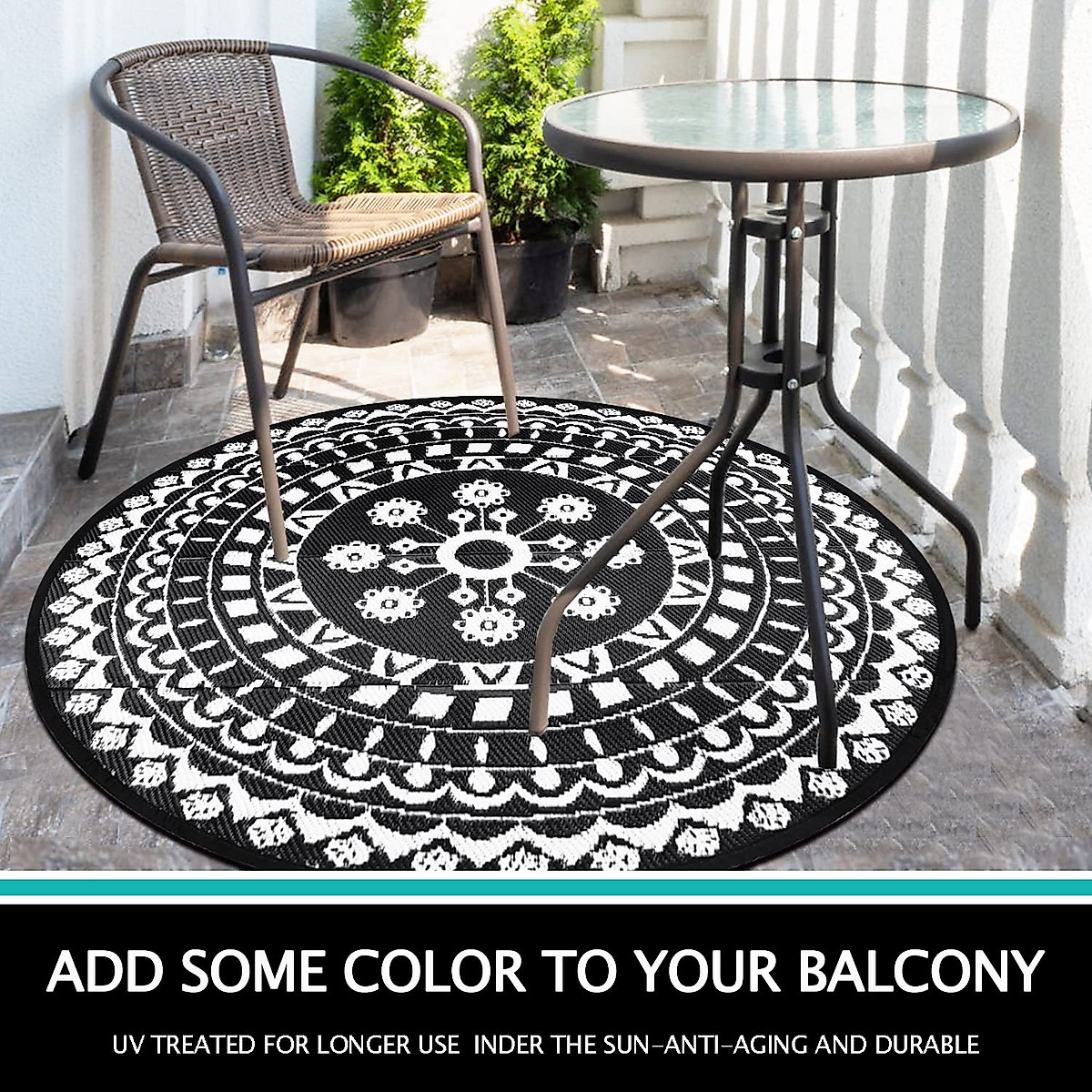 Capslpad Round Outdoor Rug for Patio 5' Reversible Mat Waterproof Plastic Straw Rug Boho Round Indoor Outdoor Area Rug for RV,Backyard,Balcony,Deck,Tent,Picnic,Beach,Camping,w/Carry Bag