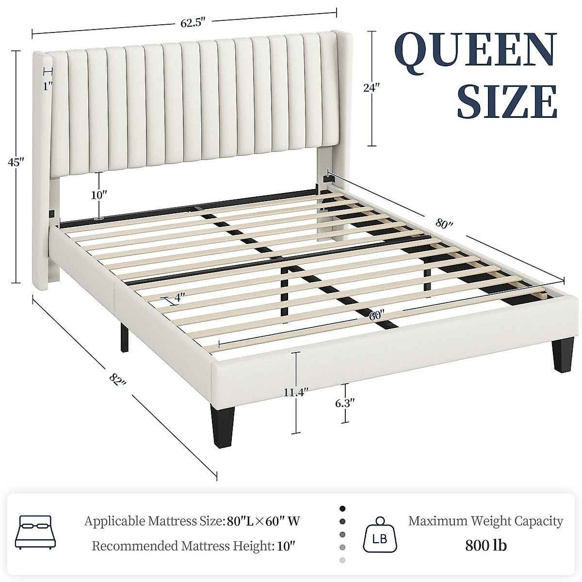 Yaheetech Queen Bed Frame Upholstered Platform Bed with Fabric Headboard, Wing Edge Design/Non-Slip and Noise-Free/Wooden Slats Support/No Box Spring Needed/Easy Assembly, Beige Queen Bed