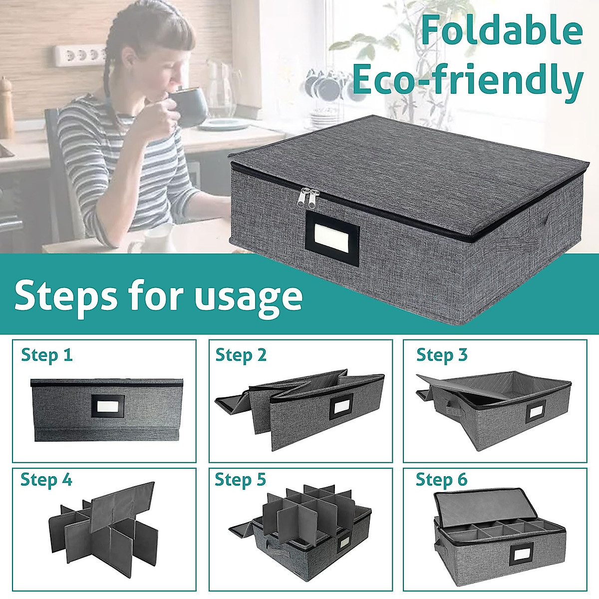 VERONLY Quilted Cup and Mug Storage Box, China Storage Containers with Zipper Lid and Handles, Holds 12 Coffee Mugs and Tea Cups, Hard Shell and Stackable for Dinnerware Storage, Transport (Dark Grey)