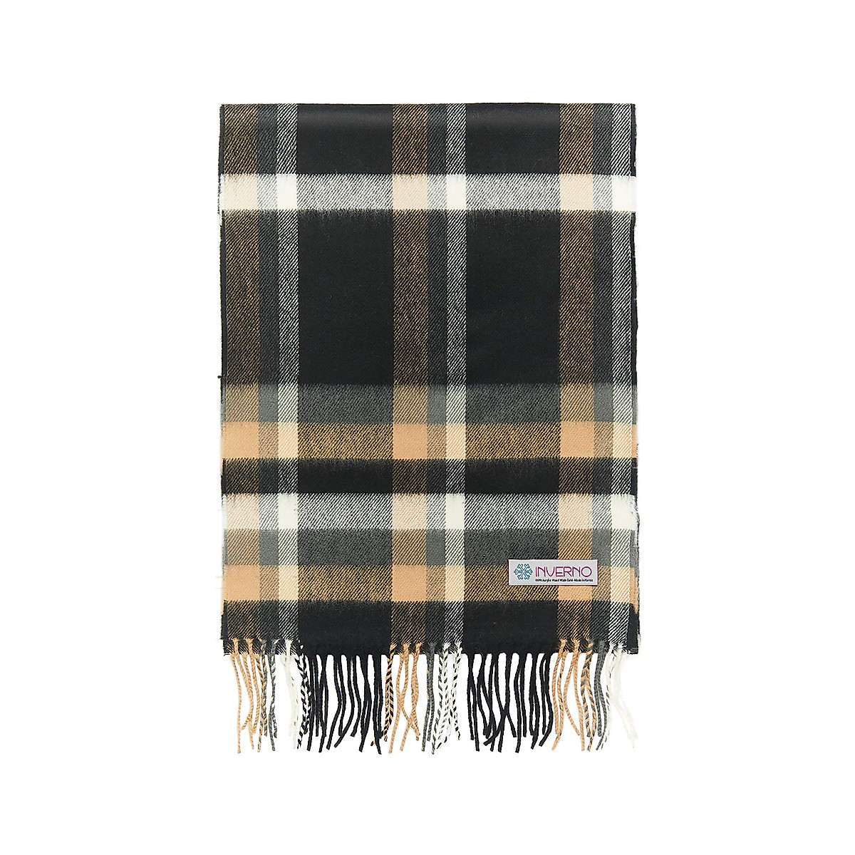 INVERNO Super Soft Luxurious Cashmere Feel Warm Winter Pattern Design Unisex Scarf (Black Tan Plaid)