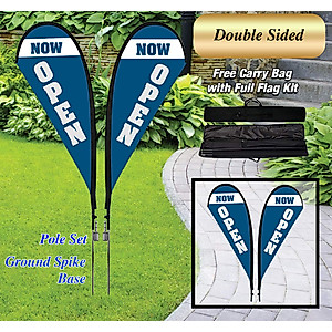 BannerBuzz Now Open Teardrop Flag, 2.5' X 5.42' | 9 Ft Long, Double Side Printed Business Advertising Flag, Graphic with Hardware Includes Aluminum Flag Pole & Ground Spike Base (Theme 2)