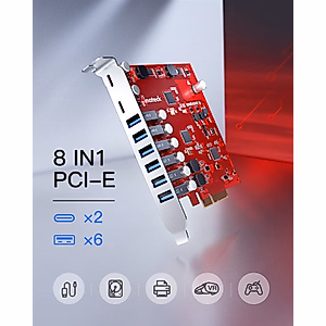 Inateck PCIe to USB 3.2 Gen 2 Extension Card with 16 Gbps Bandwidth, 6 USB Type-A and 2 USB Type-C Ports, RedComets U22