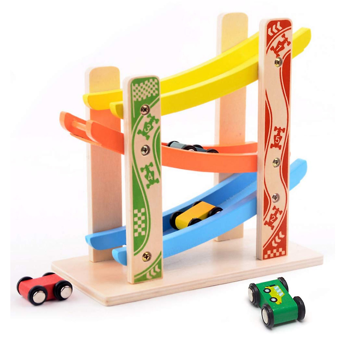 GeekHouse Wooden Race Track Car with 4 Mini Cars, Ramp Racer Toy for Toddlers, Preschool Educational Gifts for 3+ Year Old Kids, Boys, and Girls