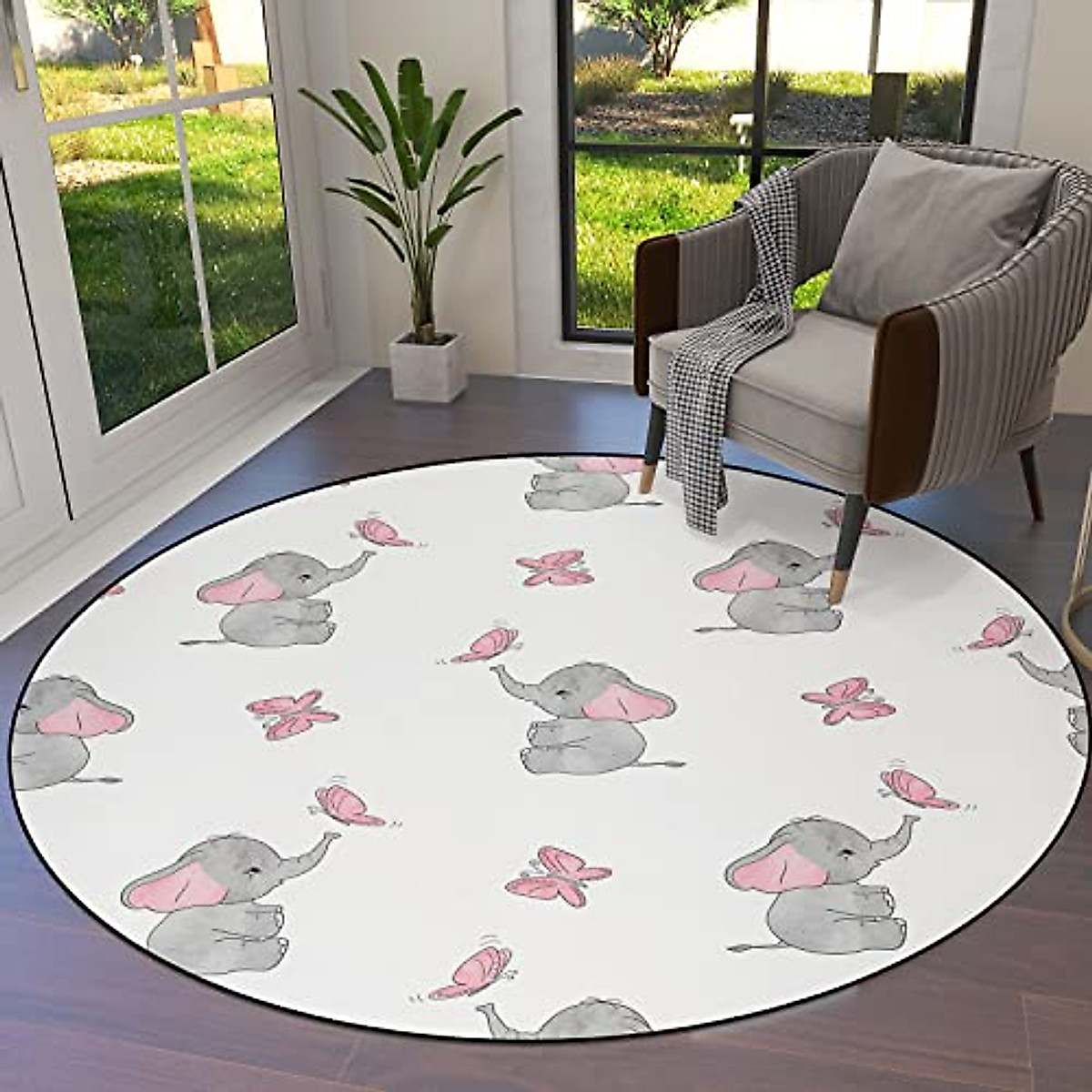 OUR DREAMS Round Area Rugs Children Crawling Mat,Elephant Nursery Decor Residential Carpet for Living Dining Room Kitchen Rugs Decor,Baby Elephants Playing with Butterflies Lovely Kids Room,5Ft(60In