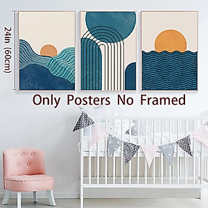 Boho Wall Art Decor Set of 3 Mid Century Blue Modern Rainbow Wall Decor 16x24in Canvas Paintings Print Minimalist Line Sun And Moon Artwork For Bedroom Living Room Nursery Aesthetic Bathroom