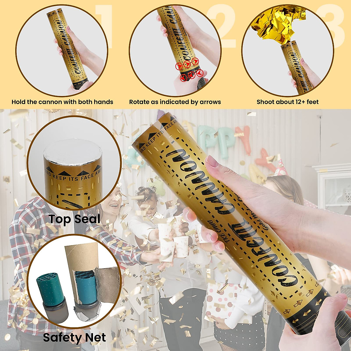 TKE OMNI 12 Inch Confetti Cannons (6 Pack) – Gold Mylar Confetti Poppers - Air Powered Party Poppers Confetti Shooters for Birthday, Wedding, Graduation, Christmas, New Year Celebrations