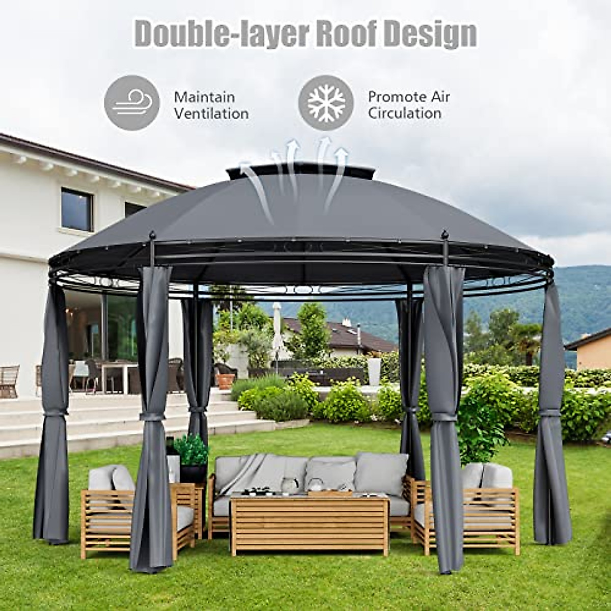 Tangkula 11.5x11.5 ft Round Patio Gazebo, 2-Tier Dome Gazebo with Removable Side Curtains, Heavy Duty Steel Frame, Outdoor Gazebo Pavilion for Backyard, Deck, Poolside, Garden (Grey)