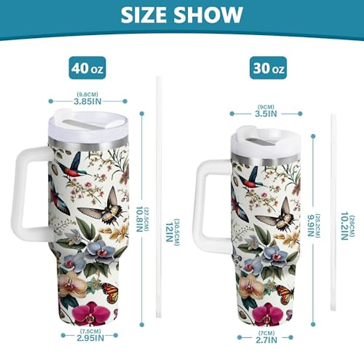 Maunzc 30 oz Tumbler with Handle and Straw, Insulated Stainless Steel Travel Mug with Lid for Coffee, Iced Tea, Water, Gift for Men Women (Botanical Textile Pattern)