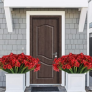 Taomika 20 Bundles Artificial Flowers Outdoor UV Resistant Fake Flowers No Fade for Patio Porch Window Box Home Wedding Farmhouse Decor (Deep Red)