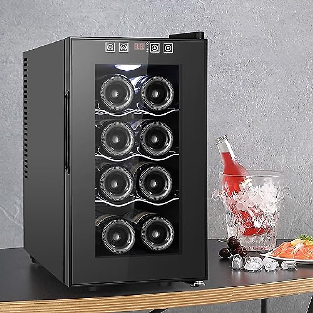Mini Wine Fridge, 8-Bottle Small Wine Cooler, Wine Cooler Refrigerator With Removable Shelves Interior Lighting Digital Touch Control, And Private Reserve Wine Cellar For Home, Office, Bar