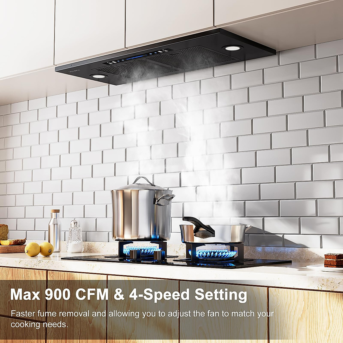 HisoHu Insert Range Hood 30 Inch / 36 Inch, 900 CFM with Ducted Convertible Ductless(Kit Included), Stainless Stee Kitchen Vent Hood with 4 Speed Exhaust(30'', Black)