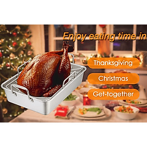 TeamFar Roasting Pan, 15 Inch Large Turkey Roaster Lasagna Pan with V Rack & Cooling Rack Set Stainless Steel For Thanksgiving Christmas, Healthy & Heavy Duty, Deep Side & Dishwasher Safe - 3 PCS