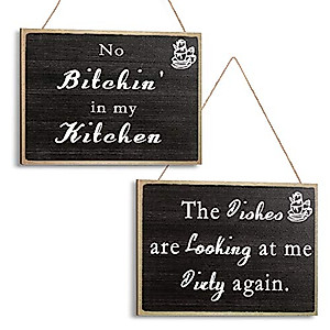 Jetec 2 Pieces Funny Kitchen Signs No Bitchin' in My Kitchen The Dishes are Looking at Me Dirty Again Wood Sign Farmhouse Kitchen Wall Decor for Home Housewarming Kitchen Decor, 12 x 8 Inch