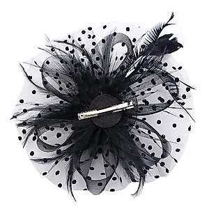 Women Fascinator Hat Wedding Fascinator Pillbox Hat Party Hat Bridal Hair Accessories Feather Flower Dotted Mesh Hat Beaded Black, One Size