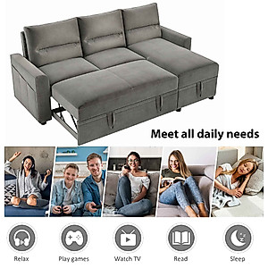 ATY Reversible Sectional Sofa Bed with 2 Pull-Out Sleepers, L-Shape Corner Couch with Storage Chaise, 3 Seat Both Left Right Handed with loveseat, 82.1 Grey Brown