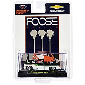 1973 Chevy Cheyenne Super 10 Pickup Truck Black & White w/Stripes Foose Ltd Ed to 22000 pcs Worldwide 1/64 Diecast Model Car by M2 Machines 31500-HS25